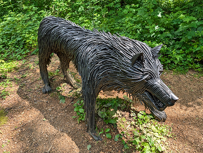 Who's afraid of the big bad wolf? This wire wonder looks ready to howl at the moon or chase after Little Red Riding Hood's picnic basket.