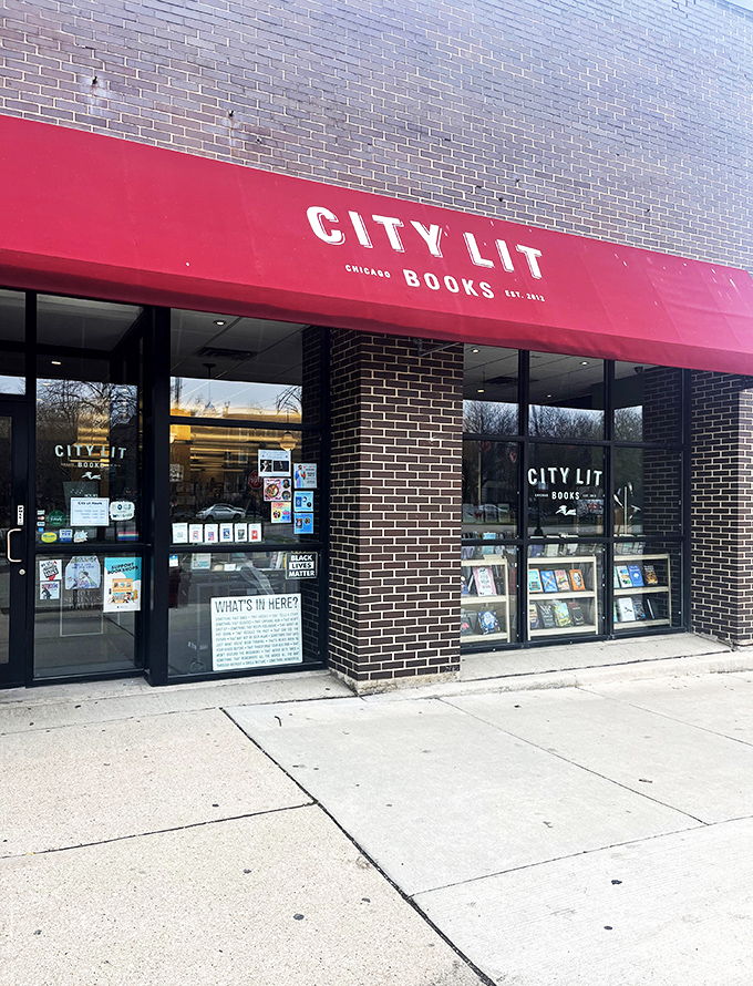"Welcome to the literary oasis! City Lit Books stands proud, its red awning a beacon for bibliophiles. It's like a candy store for your brain, minus the sugar crash."