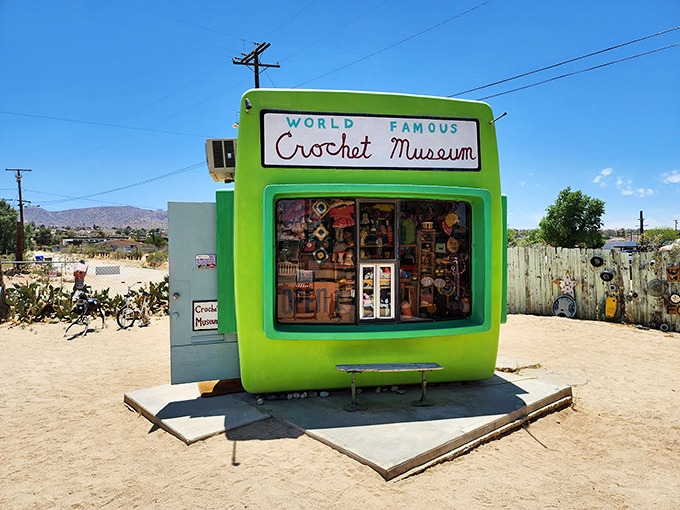 A lime-green oasis in the desert? No, it's not a mirage&mdash;it's the World Famous Crochet Museum! This quirky photo booth turned yarn paradise is Joshua Tree's wooliest attraction.