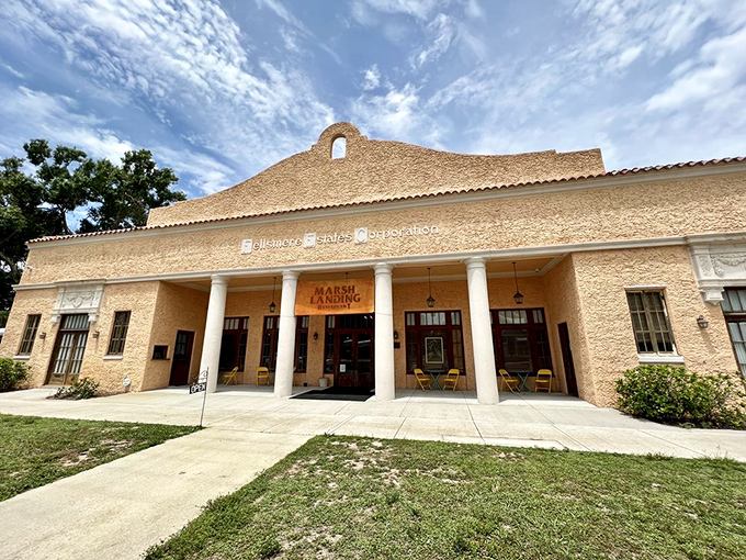 A Spanish mission meets Southern charm! Marsh Landing's exterior promises a culinary adventure that's as inviting as a cool breeze on a hot Florida day.