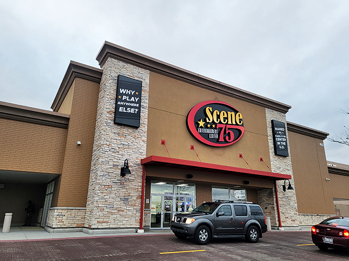 "Why play anywhere else?" Indeed! Scene75's exterior promises a world of entertainment behind those doors.