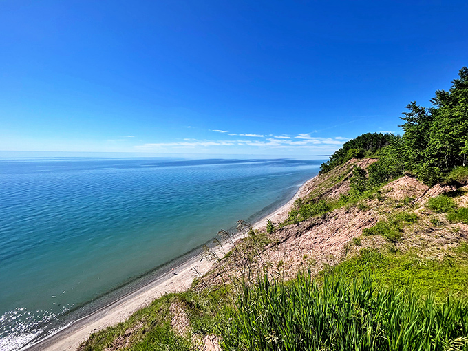 A breathtaking view of Lake Michigan from the bluffs of Lion's Den Gorge Nature Preserve, where azure waters meet rugged shoreline under an endless blue sky.