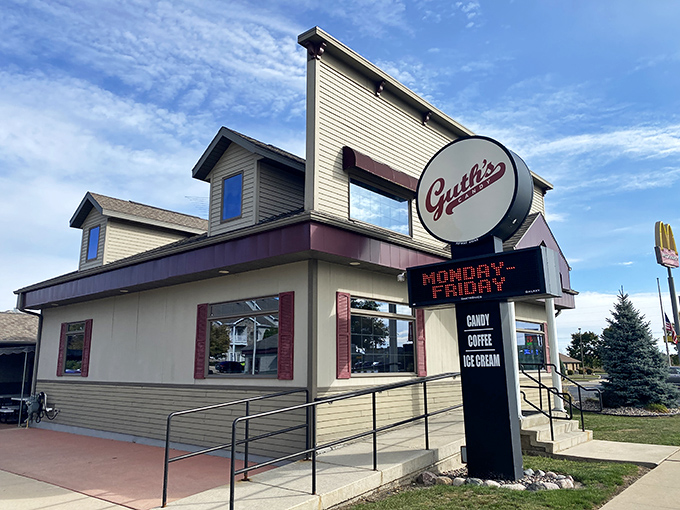 Welcome to Guth's Candy, where dreams are made of sugar and childhood nostalgia comes in chocolate-coated form. This quaint exterior hides a world of sweet wonders waiting to be discovered.