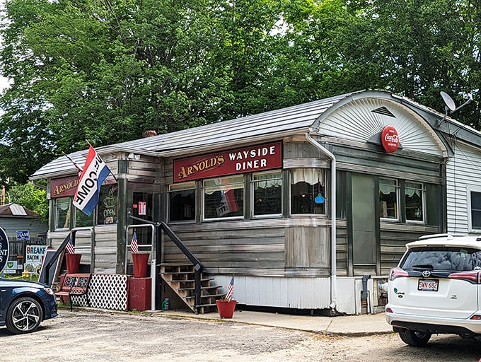 A time capsule on wheels! Arnold's Wayside Diner sits pretty amidst autumn foliage, promising a feast for both eyes and stomach.