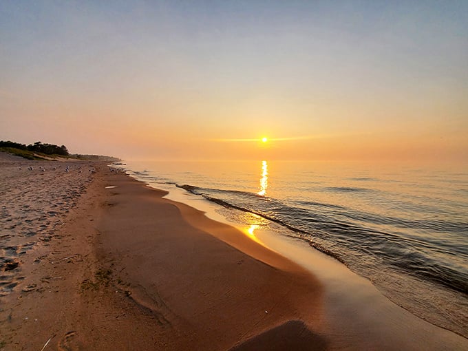 Sunset serenity: Where the sky meets the water in a dazzling display. Lake Michigan's golden hour paints a masterpiece that would make even Bob Ross jealous.