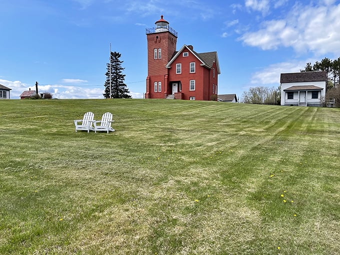 A beacon of relaxation! This crimson beauty stands tall against the Minnesota sky, inviting weary travelers to rest their sea legs and forget about the world outside.