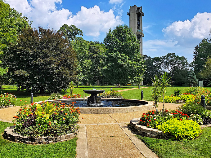 A floral feast for the eyes! Washington Park Botanical Garden's vibrant blooms and towering carillon create a symphony of nature and architecture.