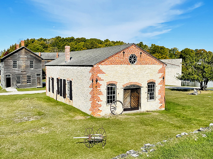 Step back in time! These weathered wooden buildings whisper tales of a bygone era, standing proud against the backdrop of Michigan's stunning natural beauty.
