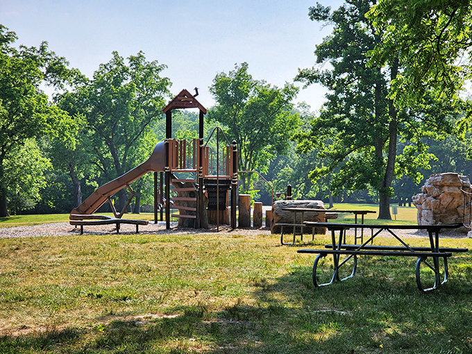This slice of paradise at John Bryan State Park is where adults come to rediscover their inner child. Swings, slides, and picnic tables &ndash; it's recess for grown-ups, minus the dodgeball trauma.