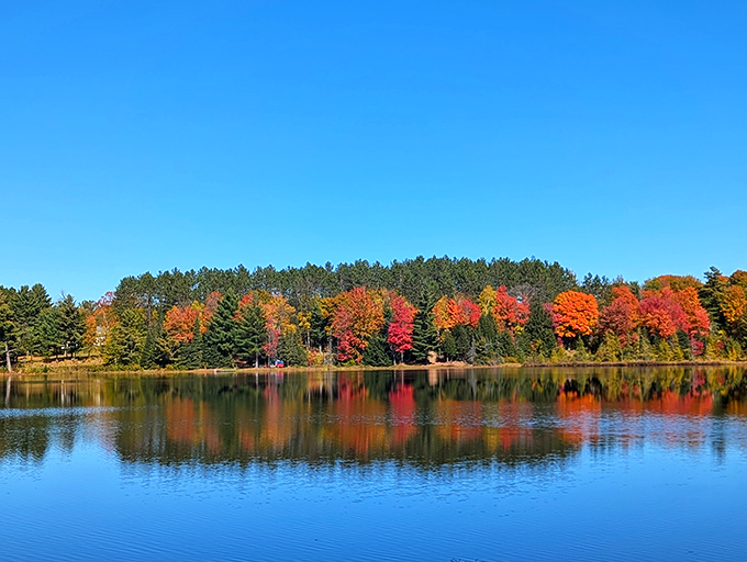 Autumn's vibrant palette reflects in the tranquil lake, creating a stunning mirror image of fall foliage against a clear blue sky.