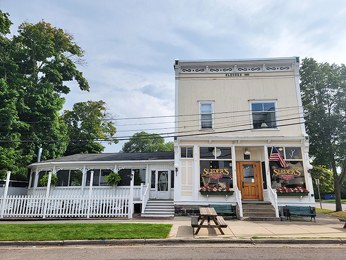 Step back in time! Sleder's Family Tavern stands proud, its white facade and wraparound porch whispering tales of bygone eras. A slice of Americana, served with a side of nostalgia.