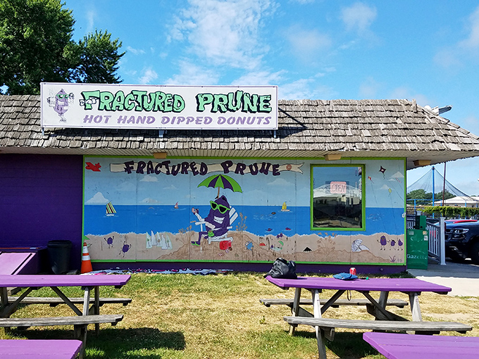 Welcome to donut paradise! Fractured Prune's vibrant exterior is like a beacon of sugary hope on a cloudy day.