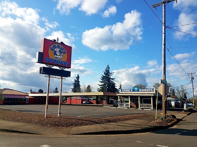 Step back in time! Cork's Donuts looks like it was plucked straight from a Norman Rockwell painting, promising sweet nostalgia with every bite.