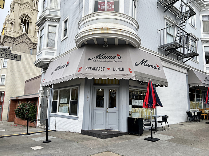 A slice of San Francisco heaven! Mama's on Washington Square beckons with its charming awning and promise of comfort food bliss.