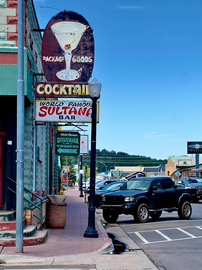 Neon dreams come alive! The Sultana Bar's vintage sign beckons like a siren song, promising cocktails and good times on Route 66.
