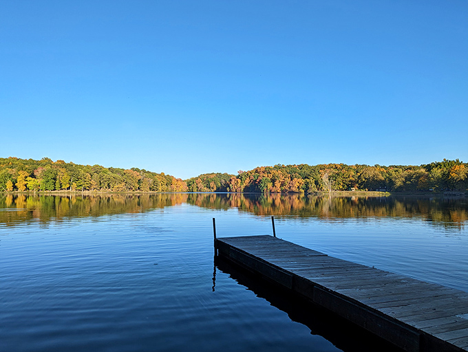 Nature's own masterpiece: Lake Murphysboro in autumn. It's like Bob Ross went wild with his happy little trees, creating a scene so vibrant it puts HD TVs to shame.