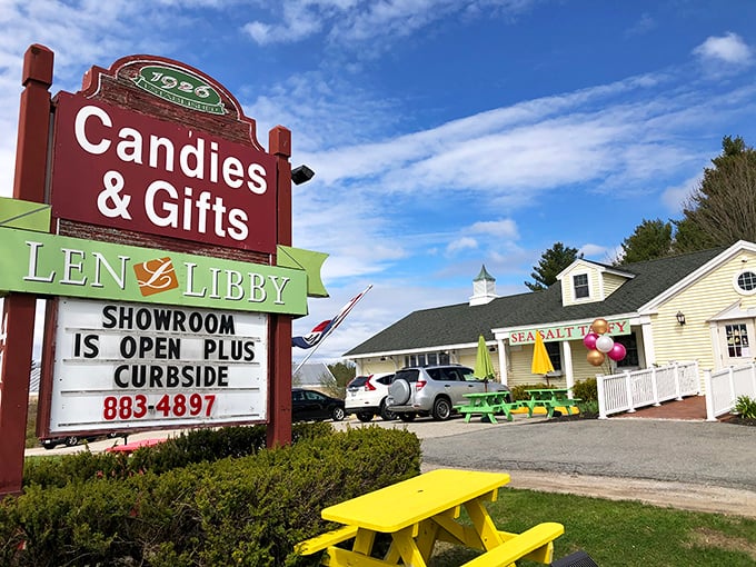 Welcome to candy paradise! Len Libby's charming exterior promises sweet delights within, like a real-life gingerbread house minus the witch.