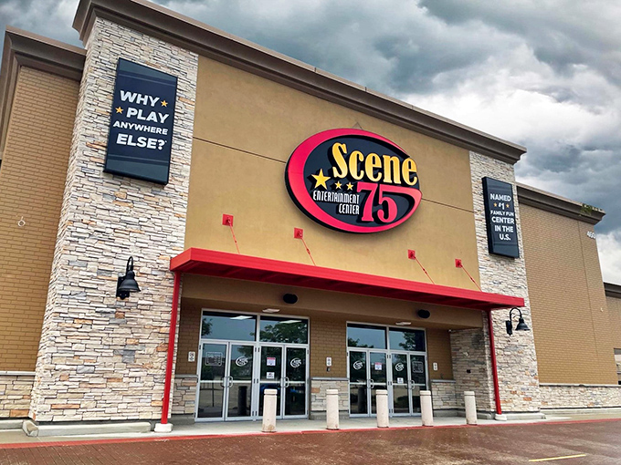 "Why play anywhere else?" Indeed! Scene75's exterior promises a world of entertainment behind those doors.