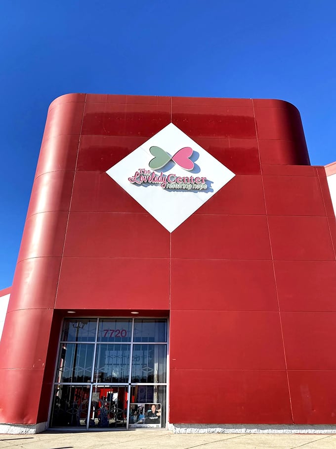 Welcome to Lovelady Thrift Store, where bargain hunting meets architectural intrigue! This red-and-white facade promises treasures within, like a modern-day Ali Baba's cave for the savvy shopper.