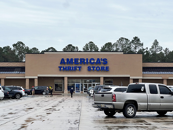 Welcome to the mothership of secondhand treasures! America's Thrift Store beckons bargain hunters with its bold blue sign, promising adventures in every aisle.