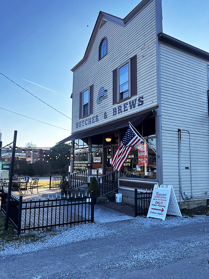 Step into a slice of Americana! Gibbs Butcher and Brews welcomes you with its charming facade, promising comfort food and good times ahead.