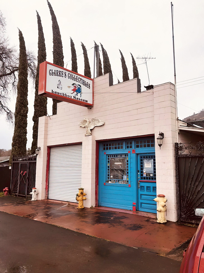 Welcome to the time machine! Clarke's Collectibles stands proud, its blue door a portal to childhood dreams guarded by whimsical fire hydrants.