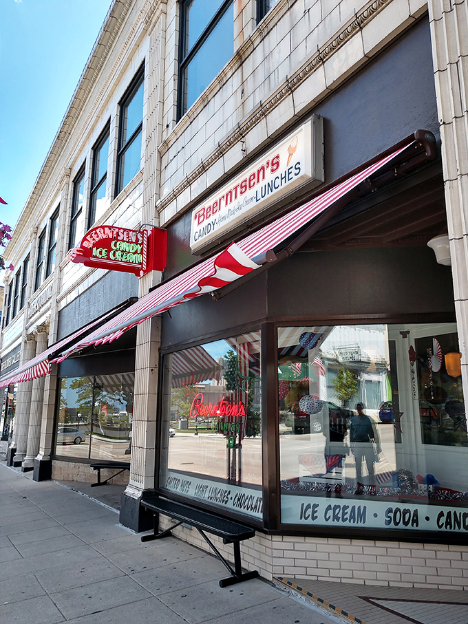 Step right up to the sweetest show in town! Beerntsen's candy-striped awning beckons like a sugary siren, promising delights that'll make your inner child do cartwheels.