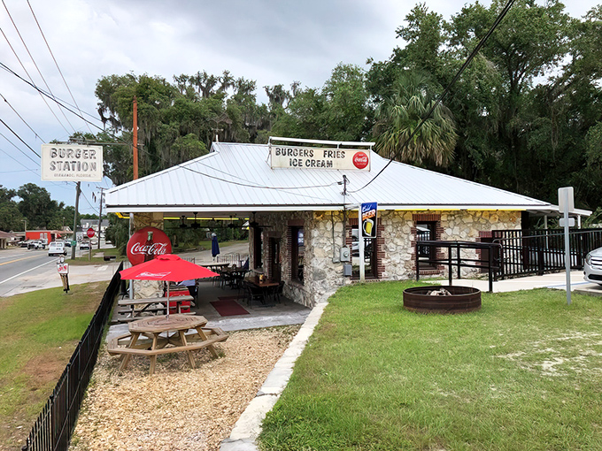 Welcome to burger paradise! Burger Station's charming exterior promises a journey back to simpler times, with a side of mouthwatering goodness.