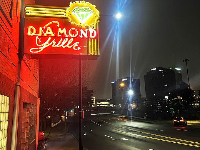 A diamond in the rough! This neon sign beckons hungry souls to a culinary oasis amid Akron's urban landscape. Time-travel never looked so delicious.
