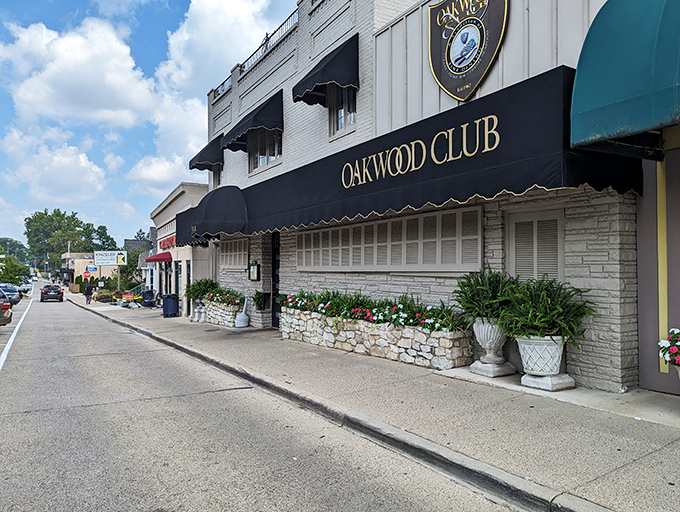Welcome to flavor town! The Oakwood Club's exterior promises a day of culinary delights, with its classic charm.