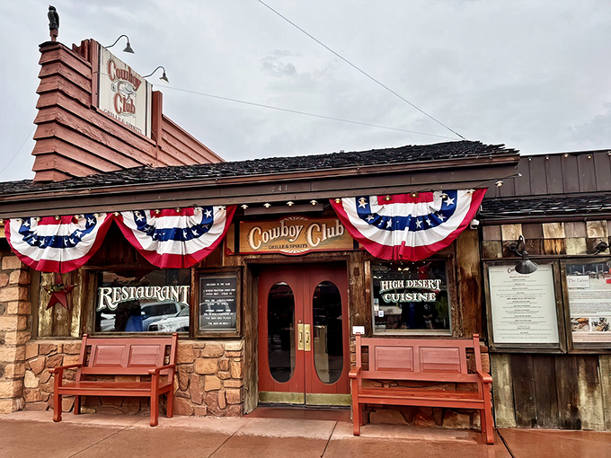Howdy, partner! This ain't your average saloon &ndash; it's a time machine disguised as a restaurant, complete with patriotic bunting and a welcoming wooden bench.