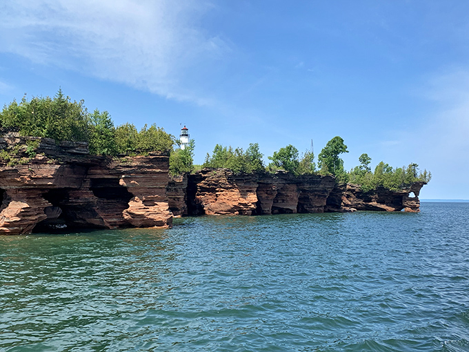 Nature's masterpiece unfolds! Apostle Islands' shoreline is like a Bob Ross painting come to life, minus the "happy little trees."