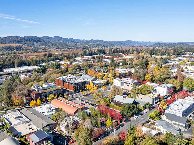 Healdsburg: A bird's-eye view of paradise! This charming town nestled in wine country looks like it was painted by Bob Ross himself - just add some happy little grapevines.