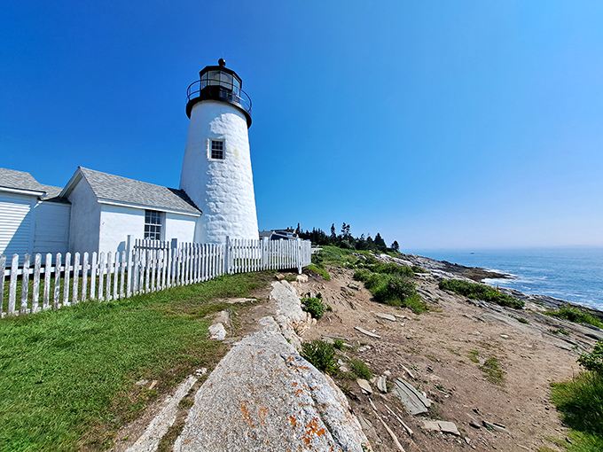 A beacon of hope, or just a really tall nightlight? Pemaquid Point Lighthouse stands guard, its white tower a stark contrast against the azure Maine sky.
