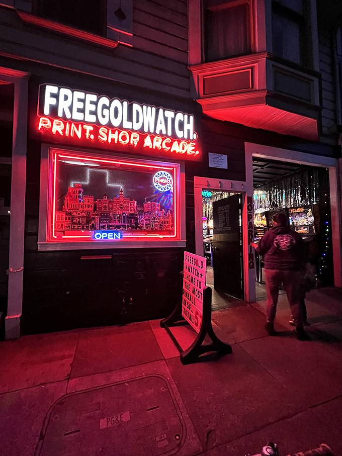 Step into a neon-drenched time warp! Free Gold Watch's storefront beckons like a siren song for your inner arcade wizard.