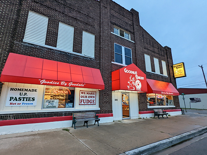 A beacon of baked bliss! Goodale's red awnings beckon like a culinary lighthouse, guiding hungry souls to a haven of homemade pasties and sweet treats.