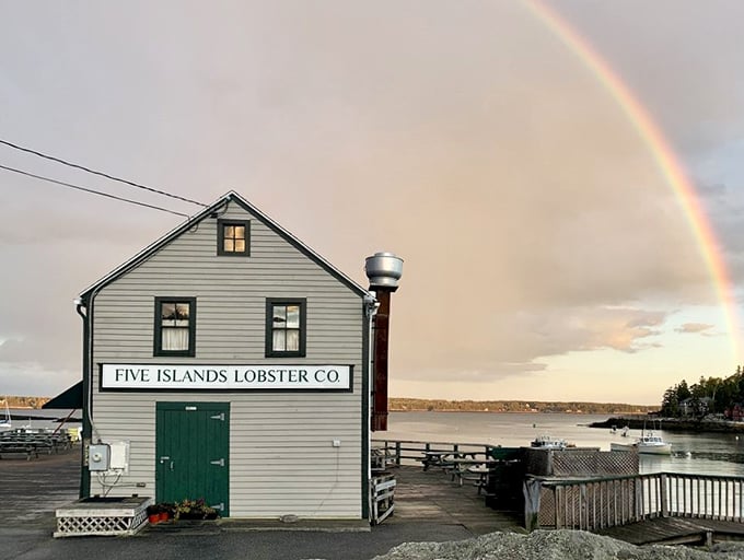 A rainbow over lobster paradise! Five Islands Lobster Co. stands like a beacon of deliciousness against the Maine coastline.