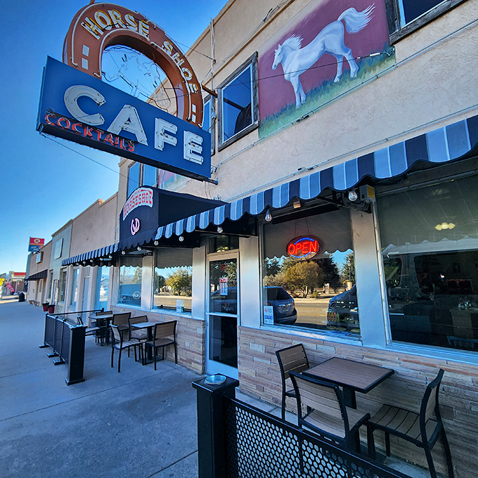 Step back in time! The Horseshoe Cafe's vintage facade is like a portal to a simpler era, when diners ruled and neon signs were the Instagram of their day.