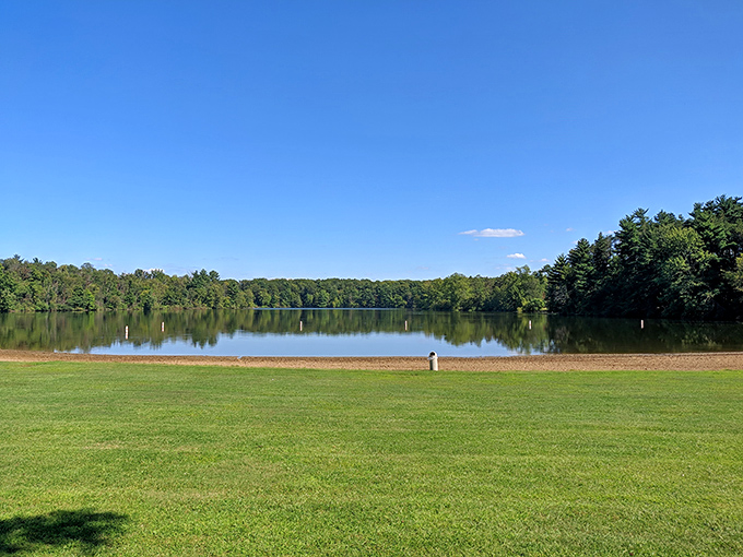 Mirror, mirror on the lake! Findley State Park's pristine waters reflect the sky so perfectly, you'll wonder if you've stumbled into a Bob Ross painting come to life.