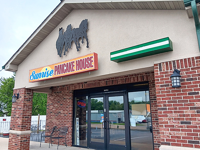 Giddy up, breakfast lovers! Sunrise Pancake House's exterior promises a feast fit for champions, with galloping horses leading the charge to deliciousness.