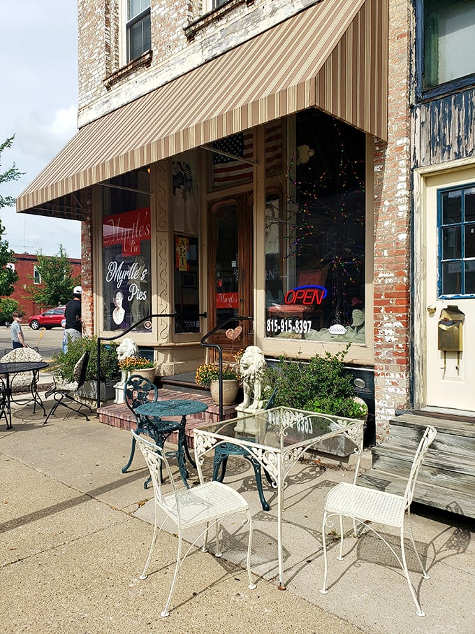Step into a slice of Americana! Myrtle's Pie Shop beckons with its charming storefront, promising sweet delights and a hefty dose of nostalgia.