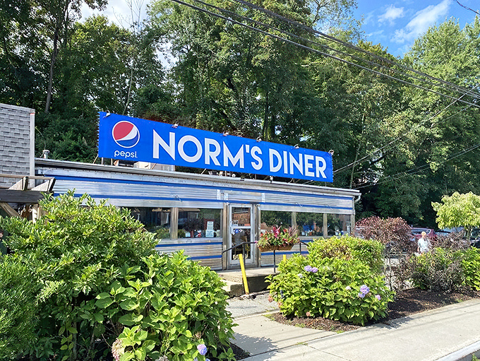 A slice of Americana, served with a side of nostalgia. Norm's Diner stands proud, its blue-trimmed exterior promising comfort food and friendly faces within.