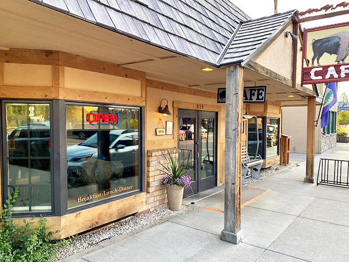 Welcome to buffalo paradise! This charming facade is like a time machine to the Old West, but with better coffee and fewer shootouts.