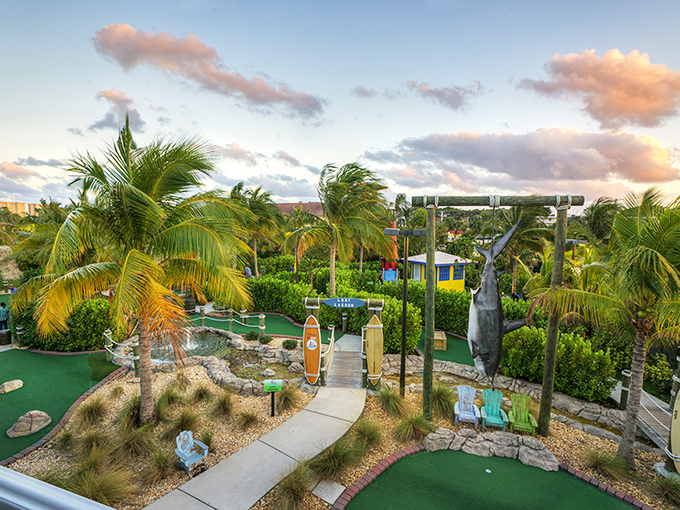 Shark's eye view of paradise! This mini-golf hole combines the thrill of Jaws with the serenity of a beach vacation.