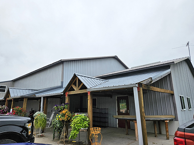 Rustic charm meets modern convenience at this quaint rural market, where colorful flower baskets brighten the entrance of The Grain Bin Butchery & Market.
