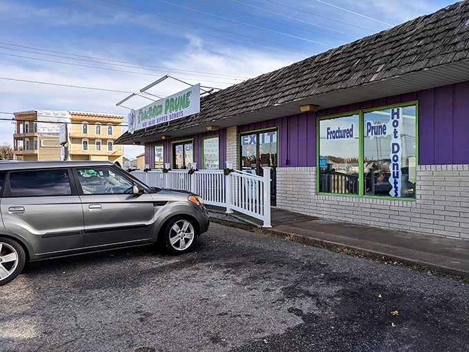 Welcome to donut paradise! Fractured Prune's vibrant exterior is like a beacon of sugary hope on a cloudy day.