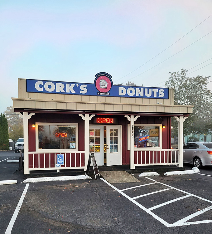 Step back in time! Cork's Donuts looks like it was plucked straight from a Norman Rockwell painting, promising sweet nostalgia with every bite.
