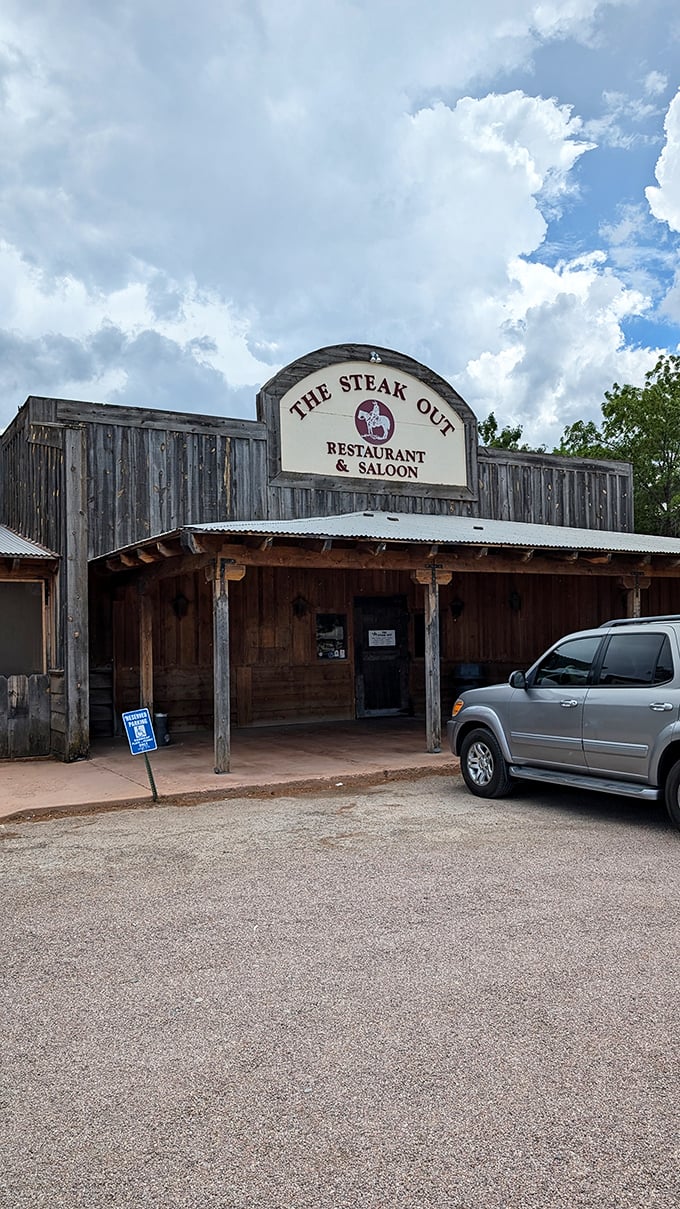 Howdy, partner! This ain't no mirage – The Steak Out's rustic charm is as real as the mesquite-grilled goodness waiting inside. Giddy up and come on in!