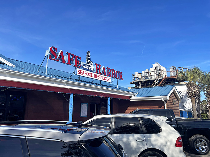 Ahoy, seafood lovers! Safe Harbor's siren call beckons with its charming exterior, promising a feast fit for Poseidon himself.