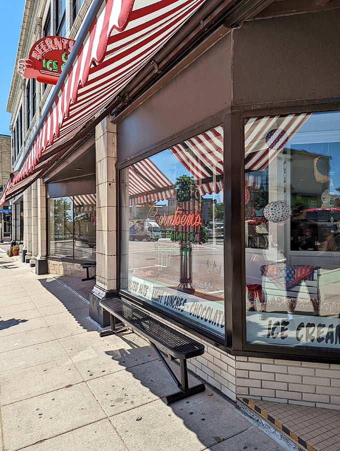 Step right up to the sweetest show in town! Beerntsen's candy-striped awning beckons like a sugary siren, promising delights that'll make your inner child do cartwheels.